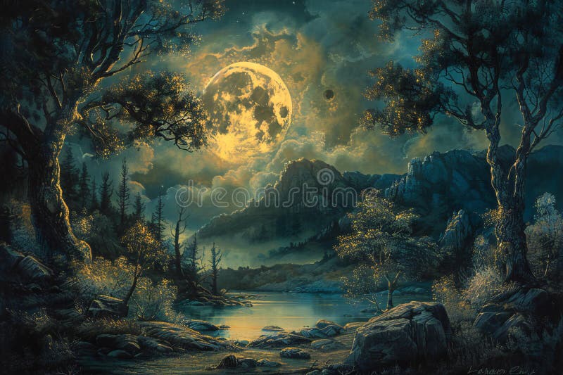 Psychedelic Art Style , the Forest in Full Moon Wallpaper Stock ...