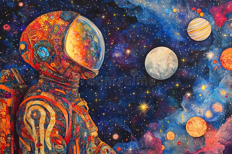 Psychedelic Astronaut in Space Suit Amidst Galaxy with Planets and Stars Art Stock Illustration ...