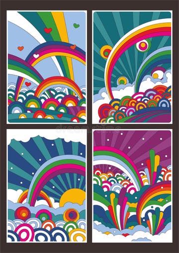 Psychedelic Illustration Set, Rainbows and Clouds Stock Vector ...