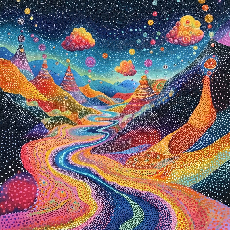 Psychedelic Brainscape with Pulsating Dot Patterns and Floating Clouds ...
