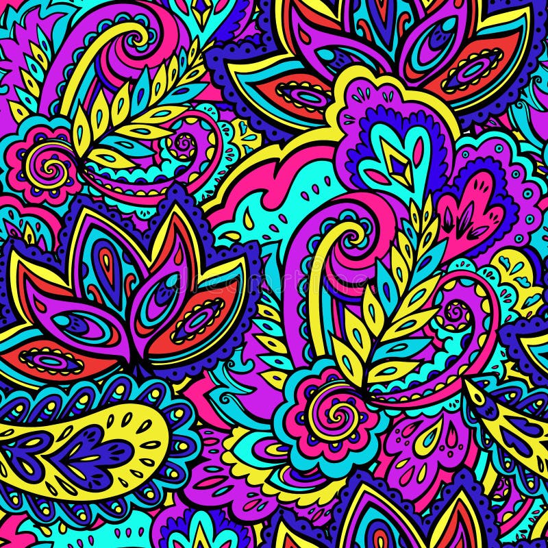 Psychedelic Bright Seamless Texture with Colorful Plant and Floral ...