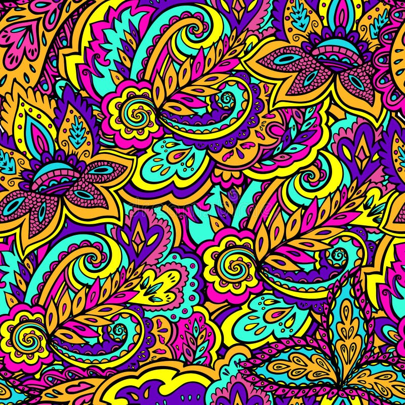 Bright Seamless Psychedelic Pattern with Plant and Floral Elements ...