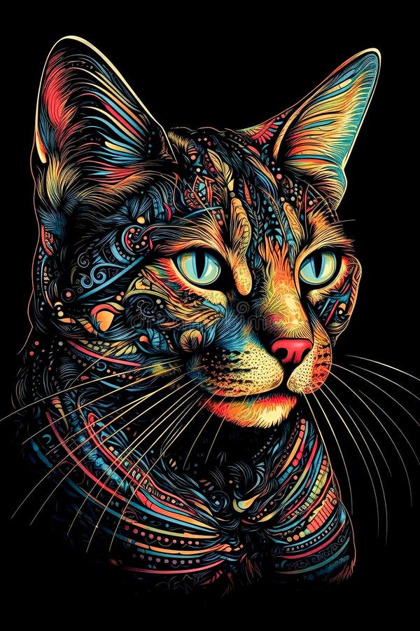 Psychedelic Cat. Abstract Portrait of a Cat Drawn by Patterns. AI ...