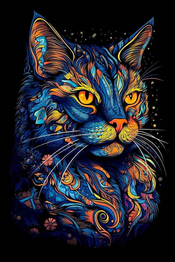 Psychedelic Cat. Abstract Portrait of a Cat Drawn by Patterns. AI ...