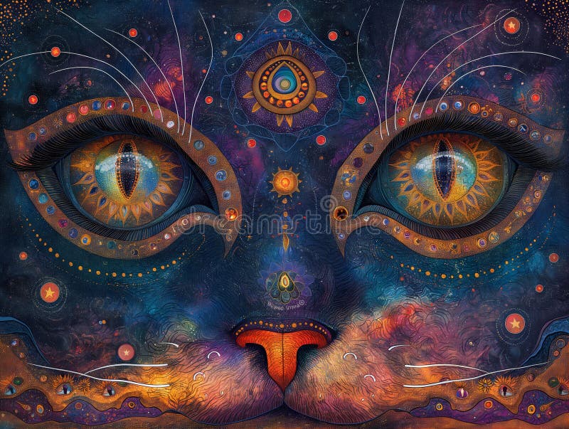 Psychedelic Cat Art with Celestial Elements Stock Image - Image of ...