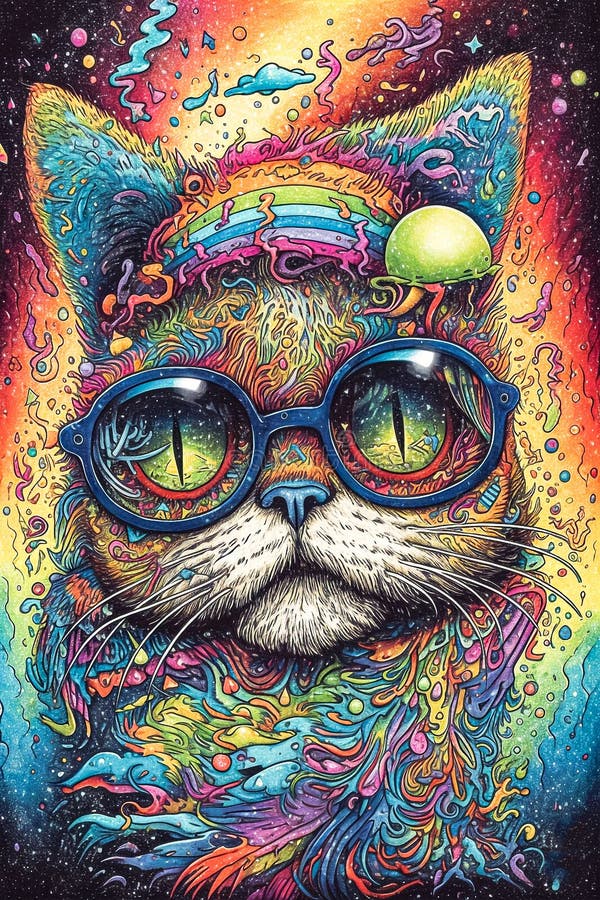 Psychedelic Cat in Different Colors with Glasses and Big Eyes Ai ...