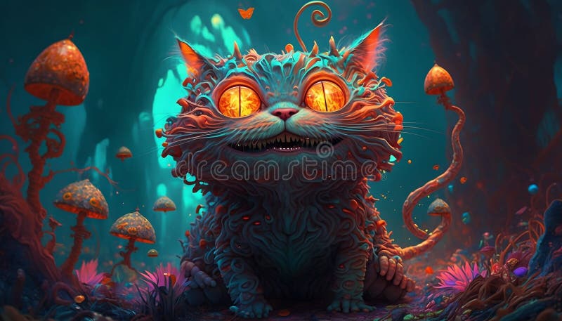 Psychedelic Cat in the Enchanted Forest. Fairy Tale Illustration of a ... Psychedelic Cat in the Enchanted Forest. Fairy Tale Illustration of a ...