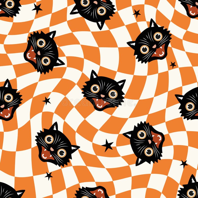 Vintage Black Cats and Stars on Checked Background. Stock Vector ...