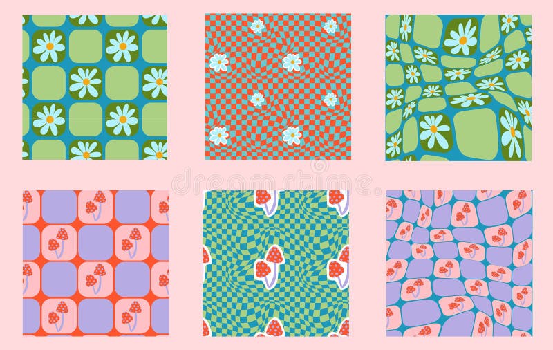 Psychedelic Checkerboard and Daisy Background Set. Wavy Vector ... Psychedelic Checkerboard and Daisy Background Set. Wavy Vector ...
