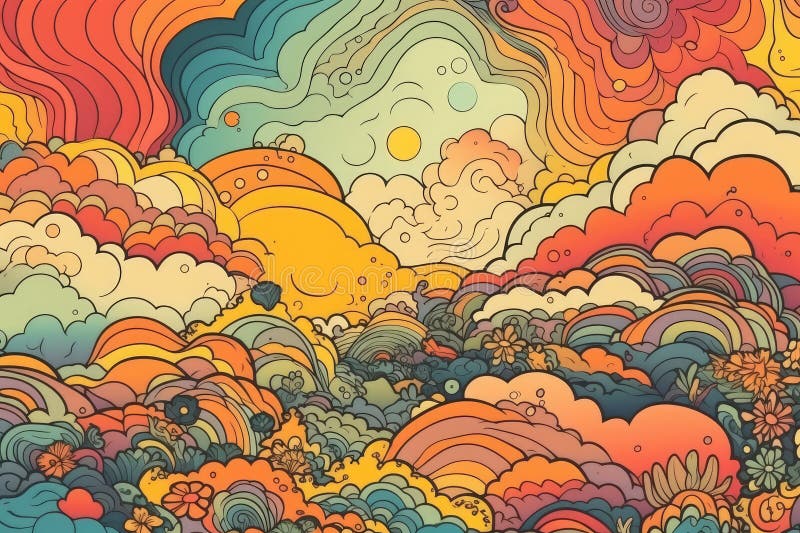 Psychedelic Colorful Bright Sky Colored Clouds and Flowers in Style of ...
