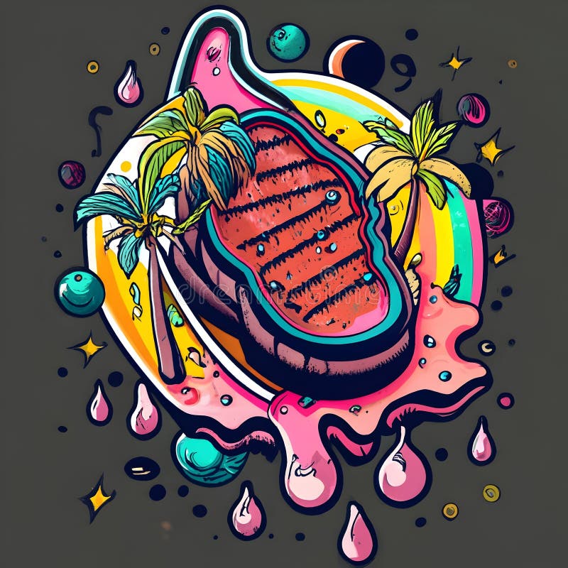 : a Psychedelic, Colorful Cake Surrounded by Rainbows, Planets, Palm ...