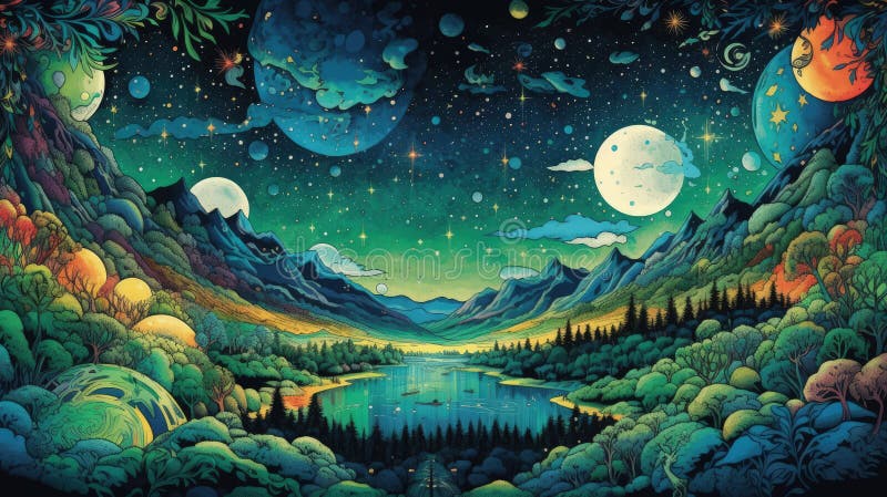 The Psychedelic Cosmos of Nature Stock Illustration - Illustration of ...