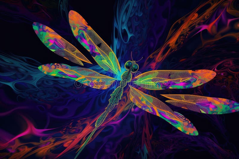 Psychedelic Dragon Fly Flutters Across the Screen Stock Illustration ...