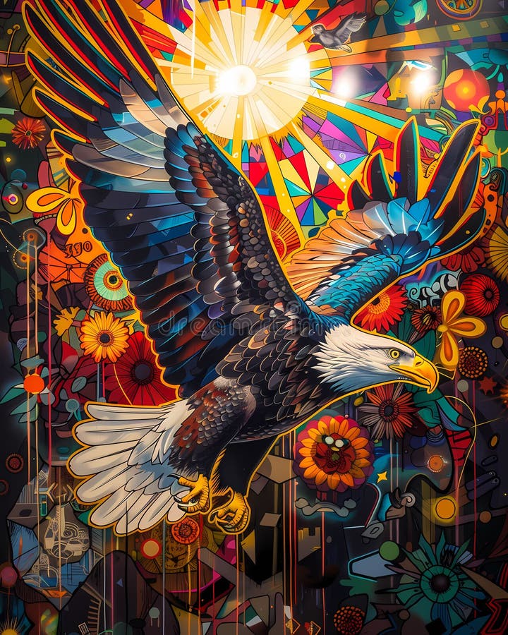 Psychedelic Eagle Soaring Amidst Vibrant Pop Art Landscape, Graffiti ...