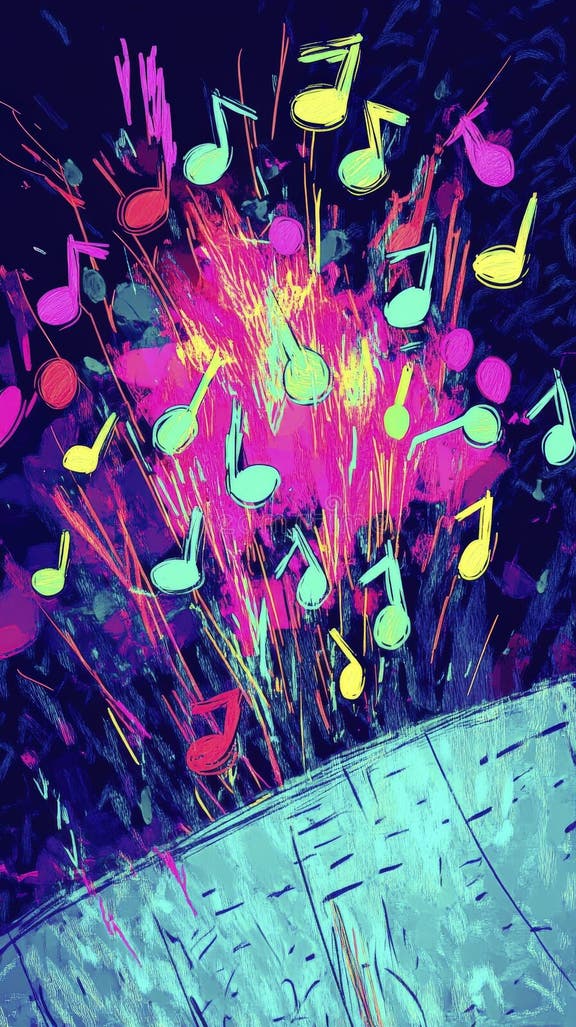 Psychedelic Explosion of Neon Music Notes and Colors Stock Illustration ...