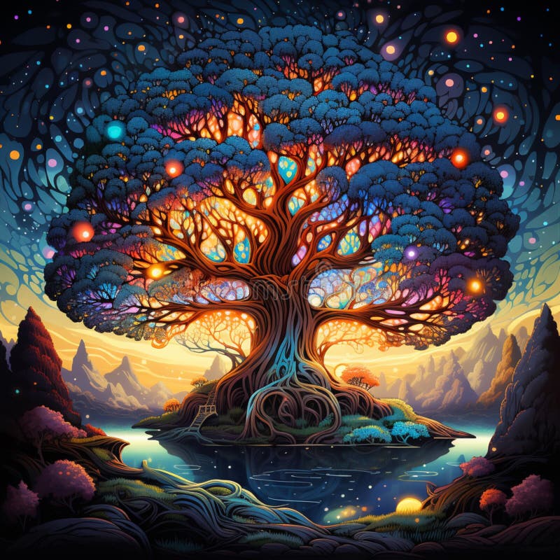 Psychedelic Fantasy Tree Illustration Stock Illustration - Illustration ...