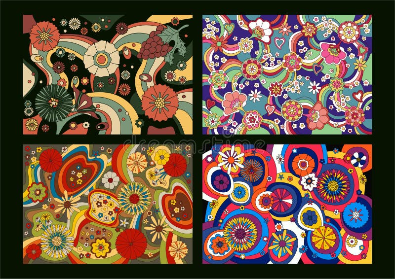 Psychedelic Art Floral Background Set Stock Vector - Illustration of ...
