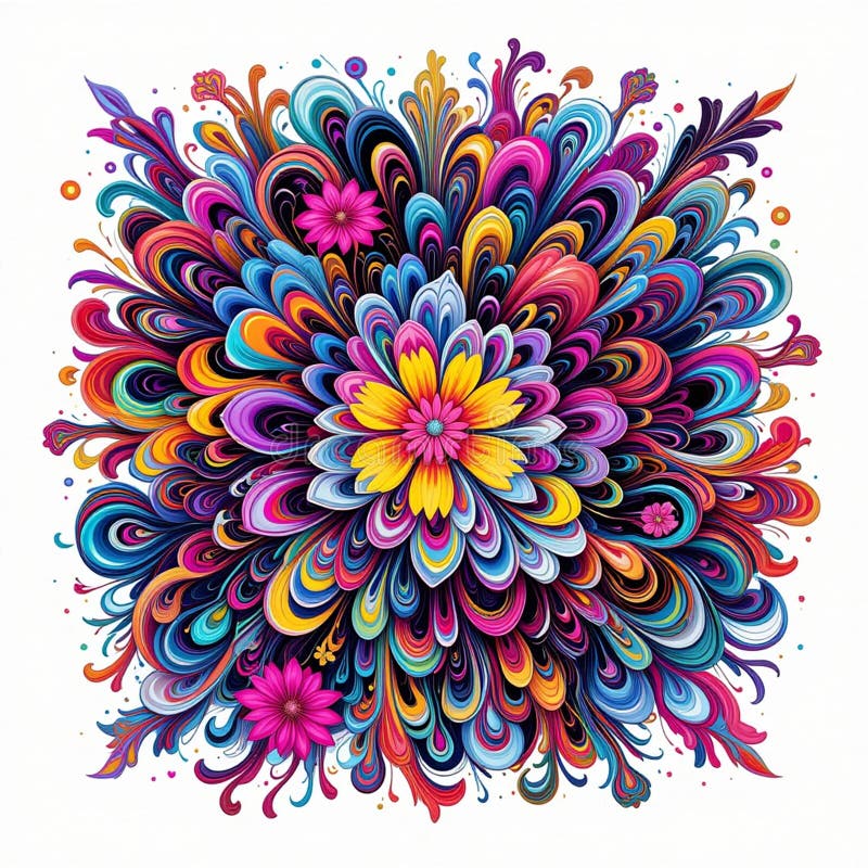 Psychedelic Floral Explosion with Swirling Patterns, Neon Colors, White ...