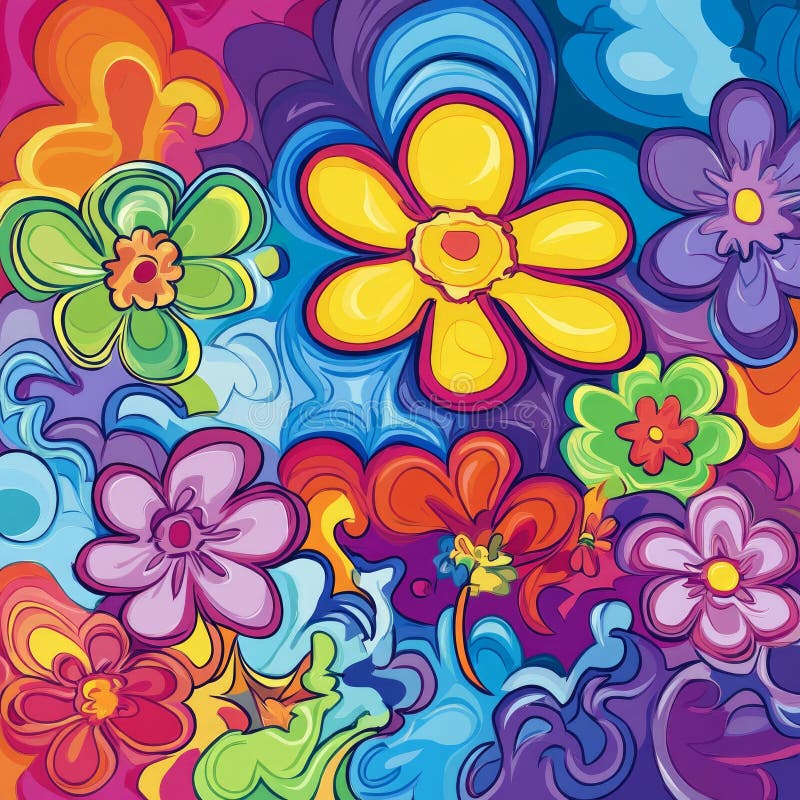 Psychedelic Floral Pattern with Vibrant Colors. Stock Illustration ...