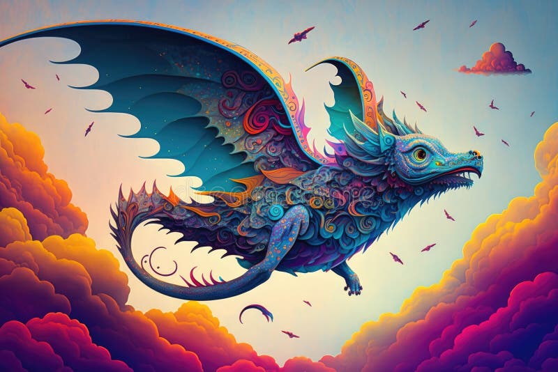 Psychedelic Flying Creature Walking in Air among Clouds Stock ...