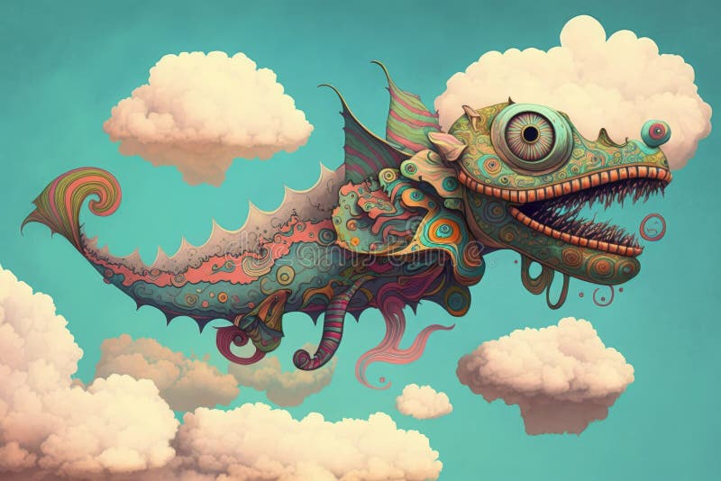 Psychedelic Flying Creature Walking in Air among Clouds Stock ...