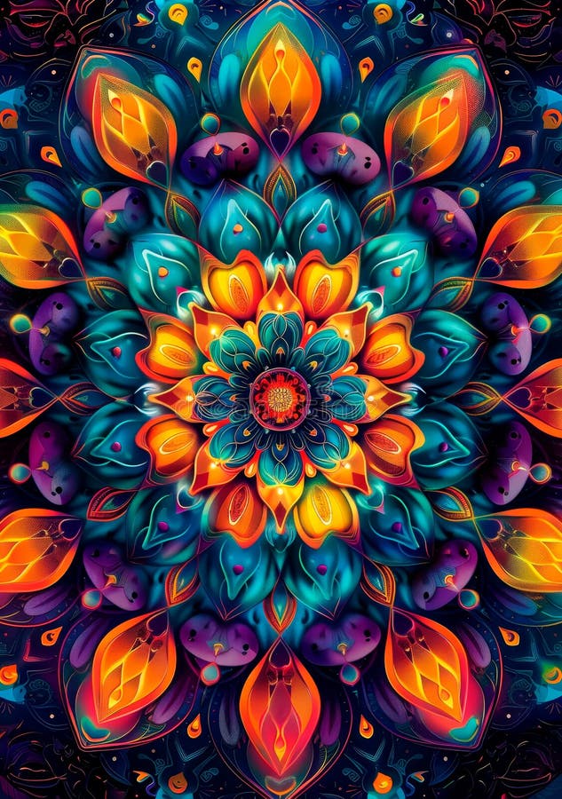 Psychedelic Geometric Mandala, Intricate Repeating Patterns, Vivid Rainbow Palette, Hypnotic ...