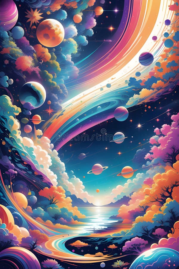 A Psychedelic Graphic Design of Space Theme, with Beaitiful Planets ...