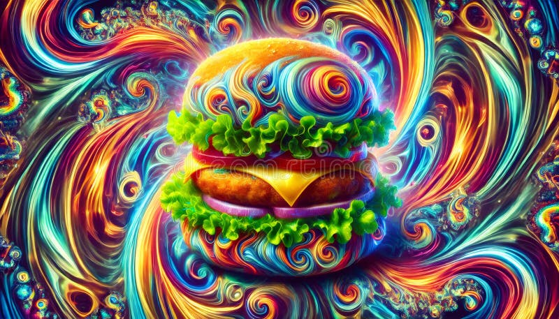 Psychedelic Hamburger Emerging from Swirling Colors and Abstract ...