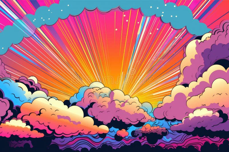 Psychedelic Illustration of Clouds and Sky with Rays of Sunlight Stock Illustration ...