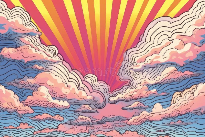 Psychedelic Illustration of Clouds and Sky with Rays of Sunlight Stock Illustration ...