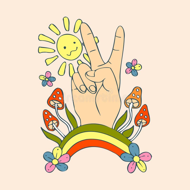 Psychedelic Illustration. Hippie Print with Flowers, Fly Agaric and ...