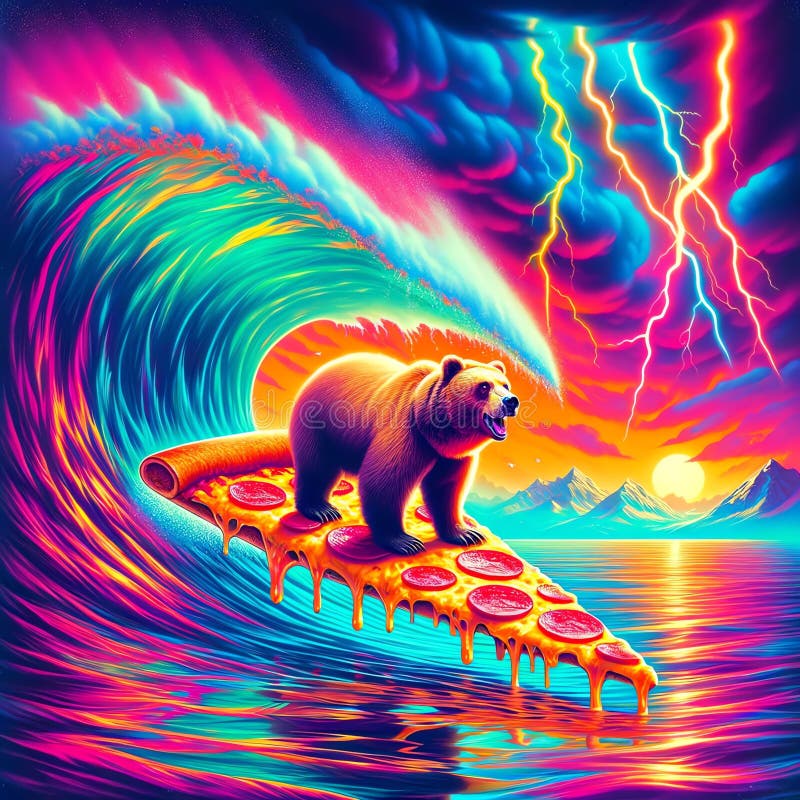 A Psychedelic Image Featuring a Bear Surfing on a Giant Slice of Pizza ...