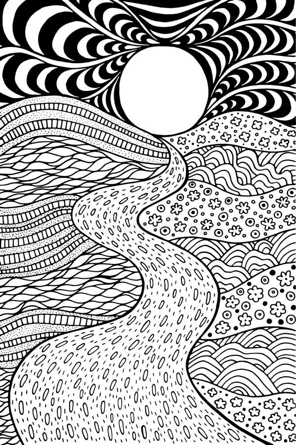 Psychedelic Landscape. Coloring Page for Adults. Pathway in Meadows and ...