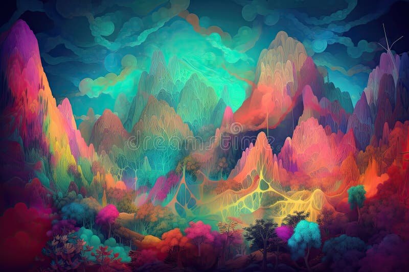 Psychedelic Landscape with a Mystical Forest of Neon-colored Trees and Mountains Shrouded in ...