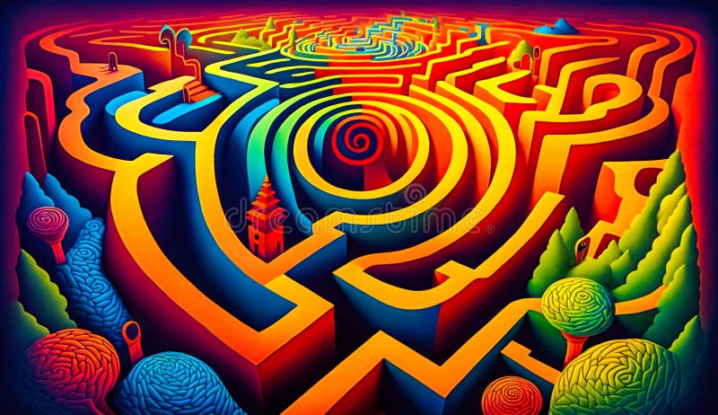 Psychedelic Maze with Trees and Buildings in the Background. Generative ...