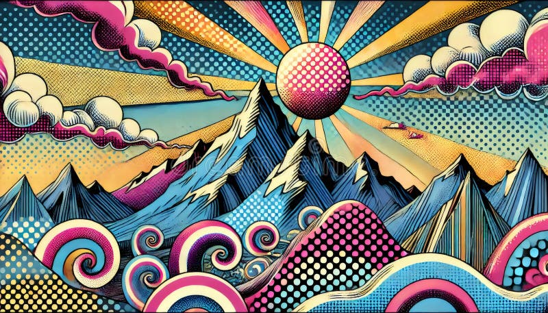 Psychedelic Mountain Landscape Rising Under Pop Art Sun Stock ...