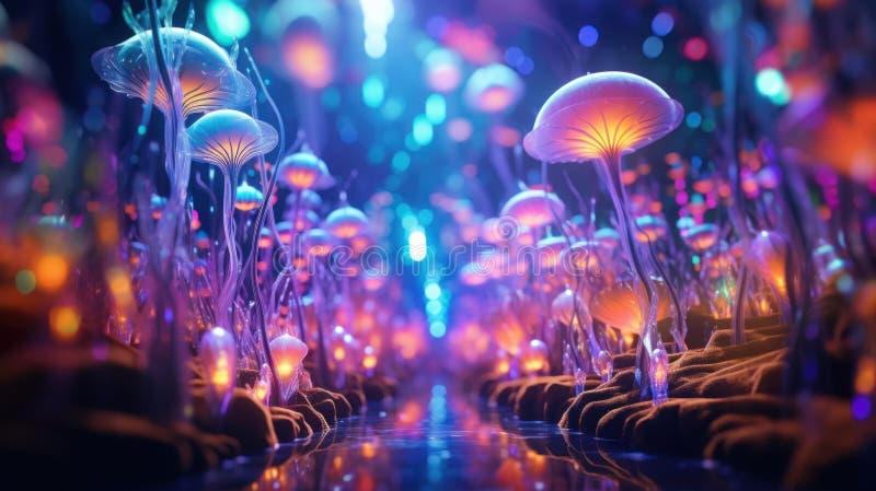 A Psychedelic Mushroom Field with Colorful Lights, AI Stock Photo ...