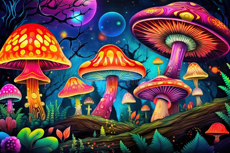 Psychedelic Mushroom Forest, Bright Acid Colors. Stock Illustration ...