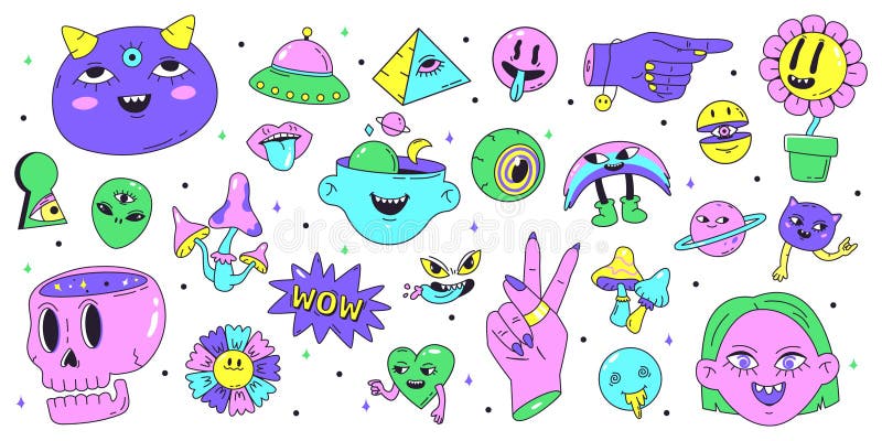 Y2k Symbols Retro Star Icons Trendy Acid Rave And Graphic Elements