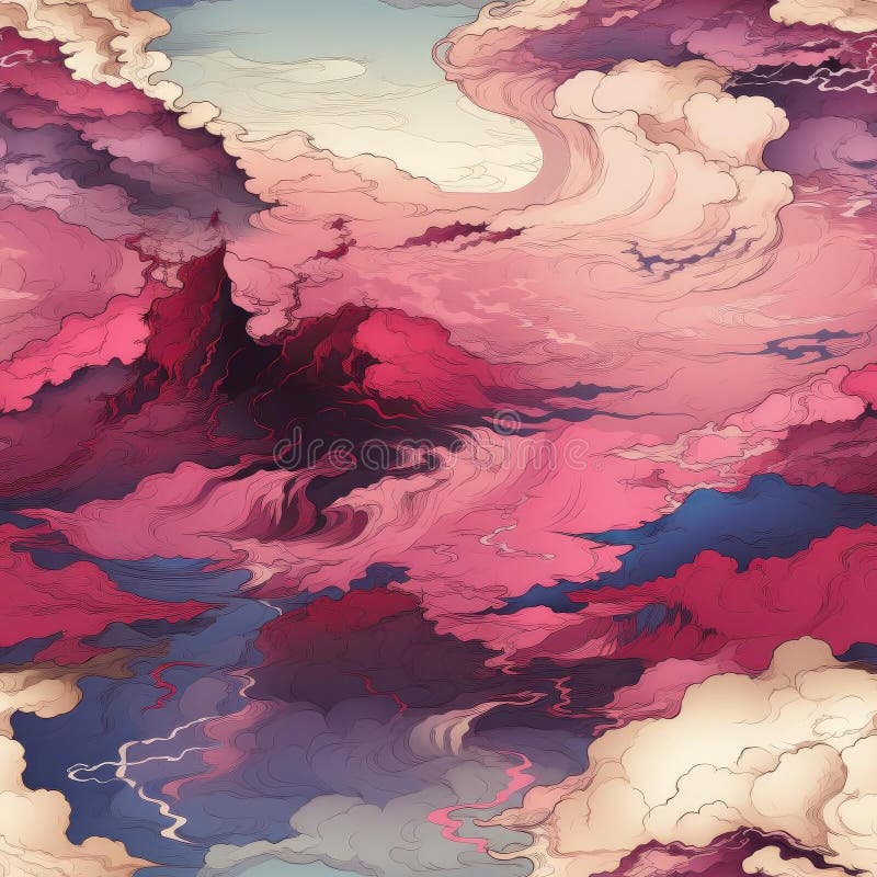 Psychedelic Painting of Pink and Red Clouds in a Dreamy Landscape ...