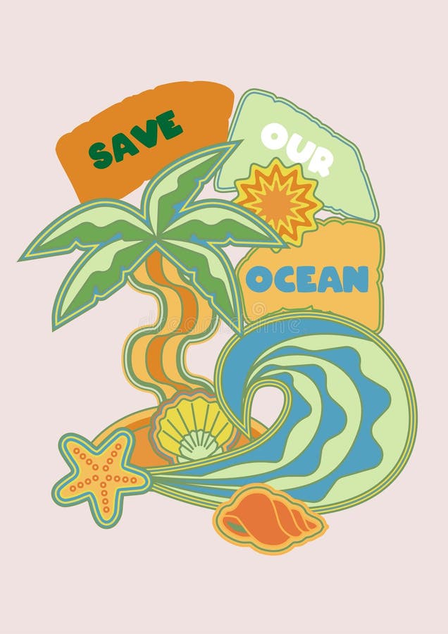 Psychedelic Paradise Tropical Beach with Save the Ocean Slogan Graphic ...