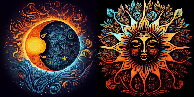 Psychedelic Patterns Featuring Sun and Moon Stock Illustration ...