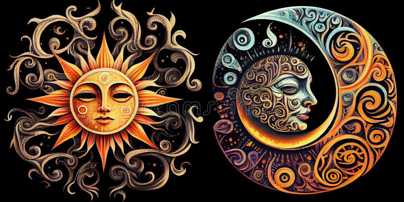Psychedelic Patterns Featuring Sun and Moon Stock Illustration ...