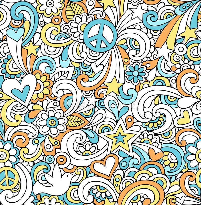 Psychedelic Peace Doodles Seamless Pattern Stock Vector - Illustration ...