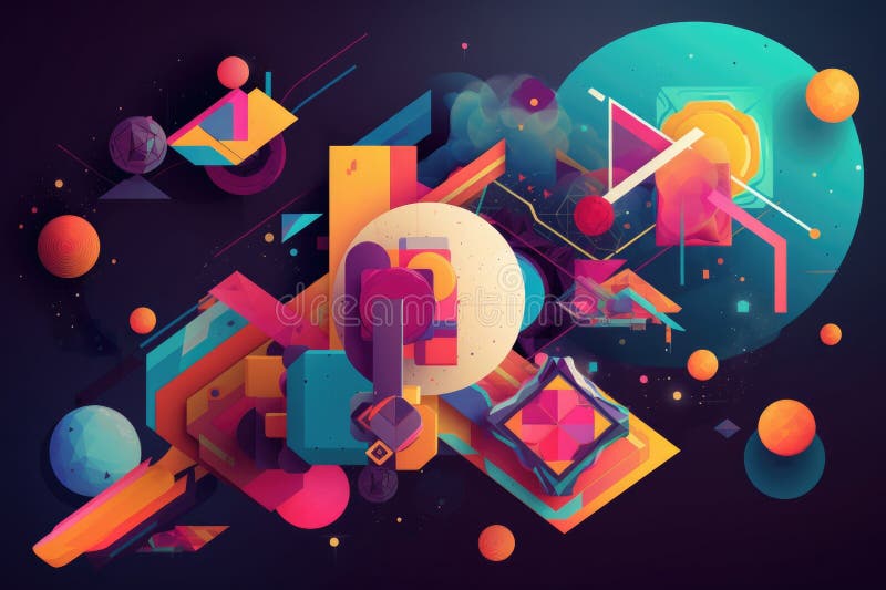 Psychedelic Poster of Colorful Geometric Shapes Floating in Space Stock ...