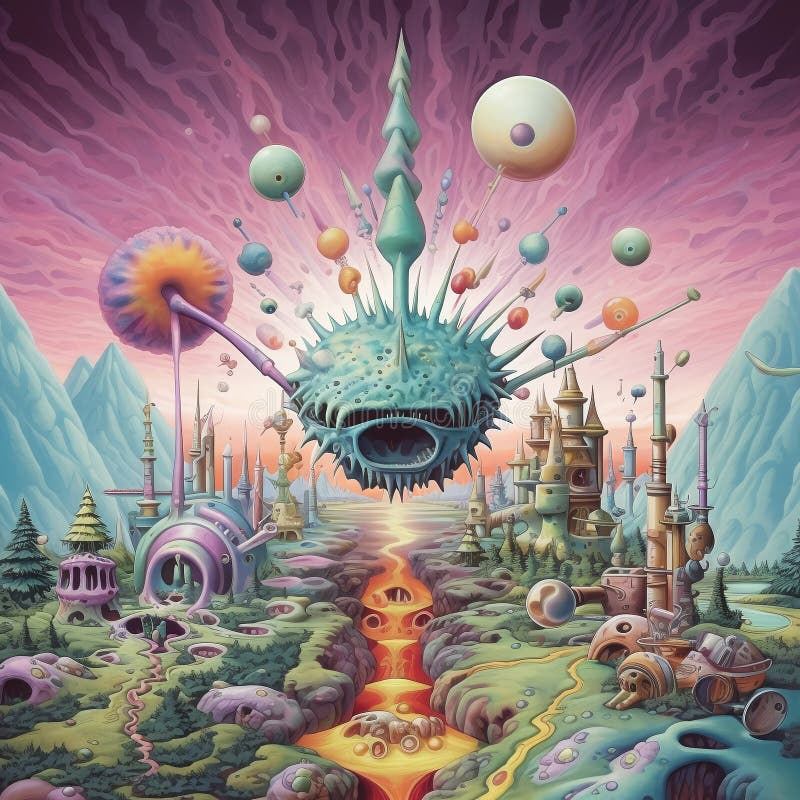 Psychedelic Poster with Fantastic Landscapes, Mystical Characters Stock ...