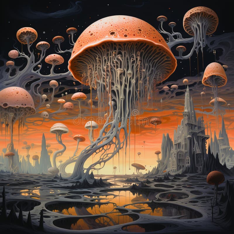 Psychedelic Poster with Fantastic Landscapes, Mystical Characters Stock ...