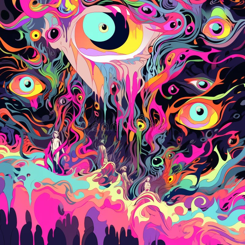 Psychedelic Poster with Fantastic Landscapes, Mystical Characters Stock ...