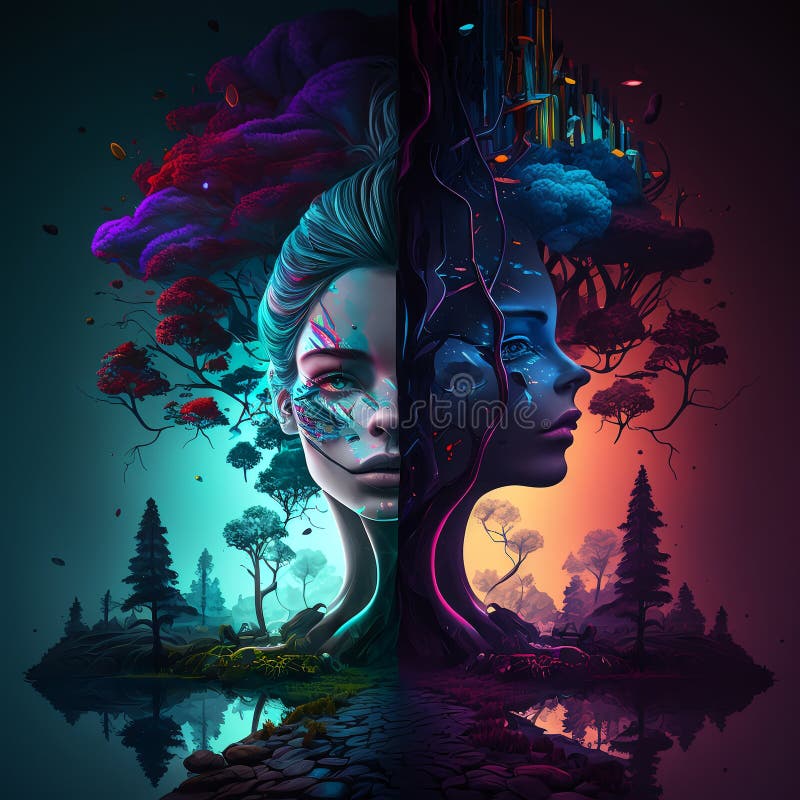 Psychedelic Poster with Fantastic Landscapes, Mystical Characters Stock ...