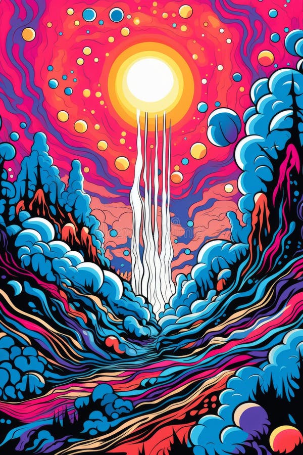 A Psychedelic Poster with a Sun and Clouds in the Sky Stock ...